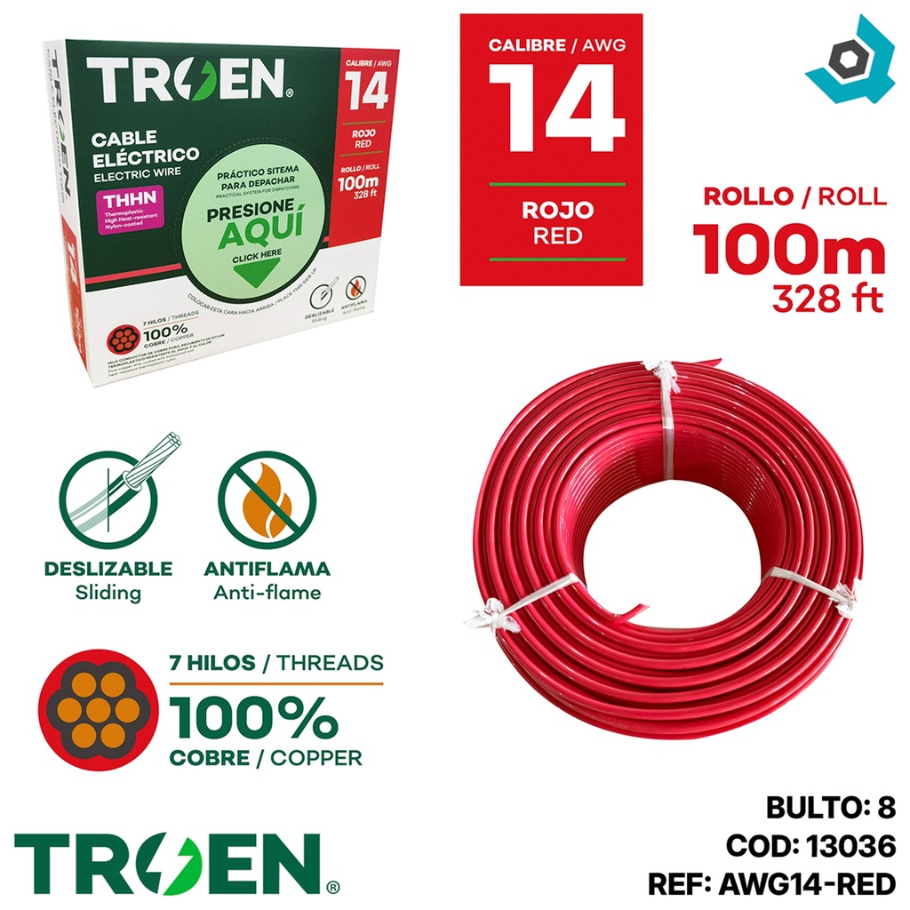 CABLE ELECTRICO 14 AWG ROJO 7 HILOS TROEN | Litani Import Export
